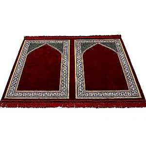 Modefa Turkish Islamic Prayer Rug - Wide Velvet Praying Mat - Multi Person Muslim Janamaz Sajada for Family - Group Praying Carpet - Solid 2 Person (Red)