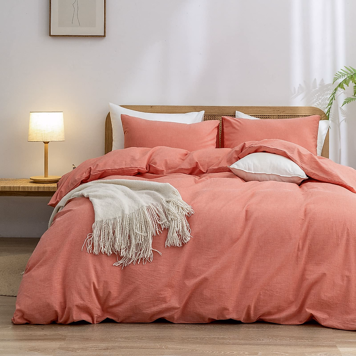 BESTOUCH Duvet Cover Set 100% Washed Cotton Linen Feel Super Soft Comfortable Chic Lightweight 3 PCs Home Bedding Set Solid Orange Cal King