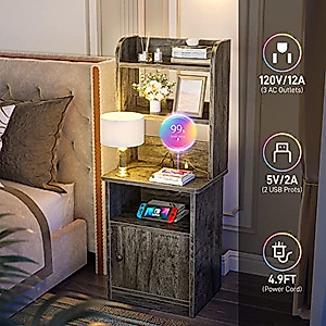 Nightstand with Charging Station and USB Ports, 47" Tall Bedside Table with Adjustable Bookshelf, Industrial End Table Side Table with Storage Cabinet for Home Office, Grey