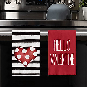Artoid Mode Stripes Heart Hello Valentine Kitchen Towels Dish Towels, 18x26 Inch Seasonal Anniversary Valentine's Day Decoration Hand Towels Set of 2