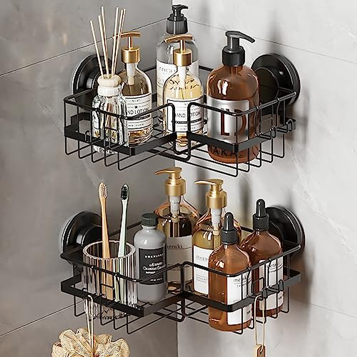 LEVERLOC Corner Shower Caddy Suction Cup with Hooks 2 Pack No-Drilling Rotating Removable Shower Caddy Basket, Stainless Steel Shower Shelves,Rustproof Organizer for Bathroom Storage,Black