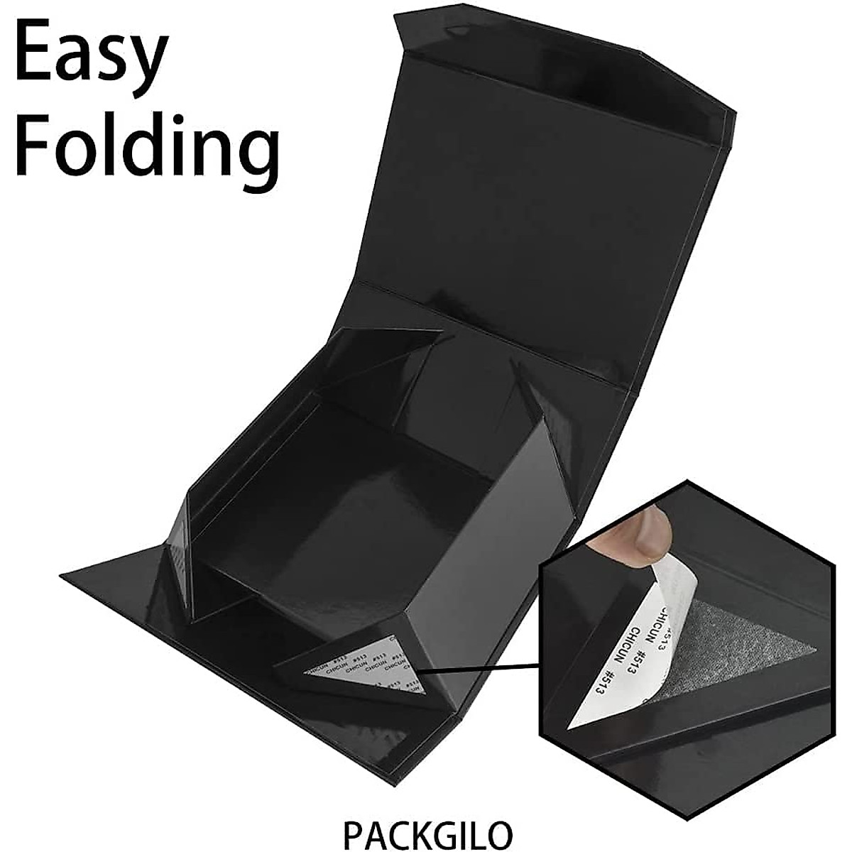 PACKGILO 1PCS Black Gift Box with Ribbon 9.5x7x4 Inches，Sturdy Gift Box with Lid for Gift Packaging, Foldable Magnetic Closure Storage Boxes, Bridesmaid proposal box, Rectangle Collapsible Box
