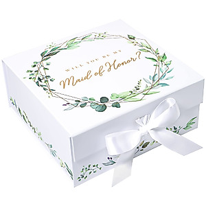 BRIGEL Bridesmaid Proposal Box, Will You Be My Maid of Honor Proposal Box for Maid of Honor Gifts, Leaf-Patterned White Box with Gold-Foiled Text, Magnetic Closure, and a White Ribbon