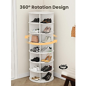 Toemics 7 Tier Rotating Shoe Rack Tower 28 Shelves, 360° Spinning Display Lazy Susan Organizer, Carousel for Shoes & Handbags, Easy Assembly, Includes 4 PCS Double-Layer Shoe Racks, White