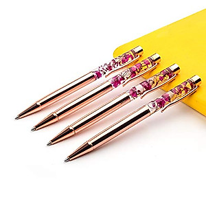Ubabe Rose Gold Ballpoint Pen,4 Pieces Metal Ball Pens Dynamic Liquid Flower Pen Black Ink Pen Refills for Office Rose Gold Desk Supplies