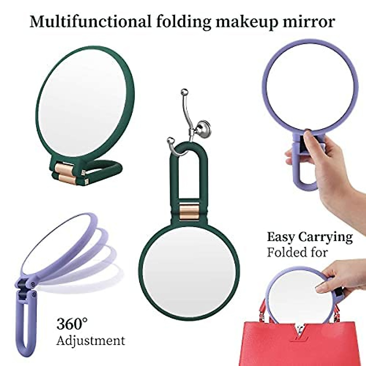 1X 15X Magnifying Hand Held Mirror,Double Side Folding Hand Mirror for Women with Adjustable Handle,Travel Table Desk Shaving Bathroom (Army Green)