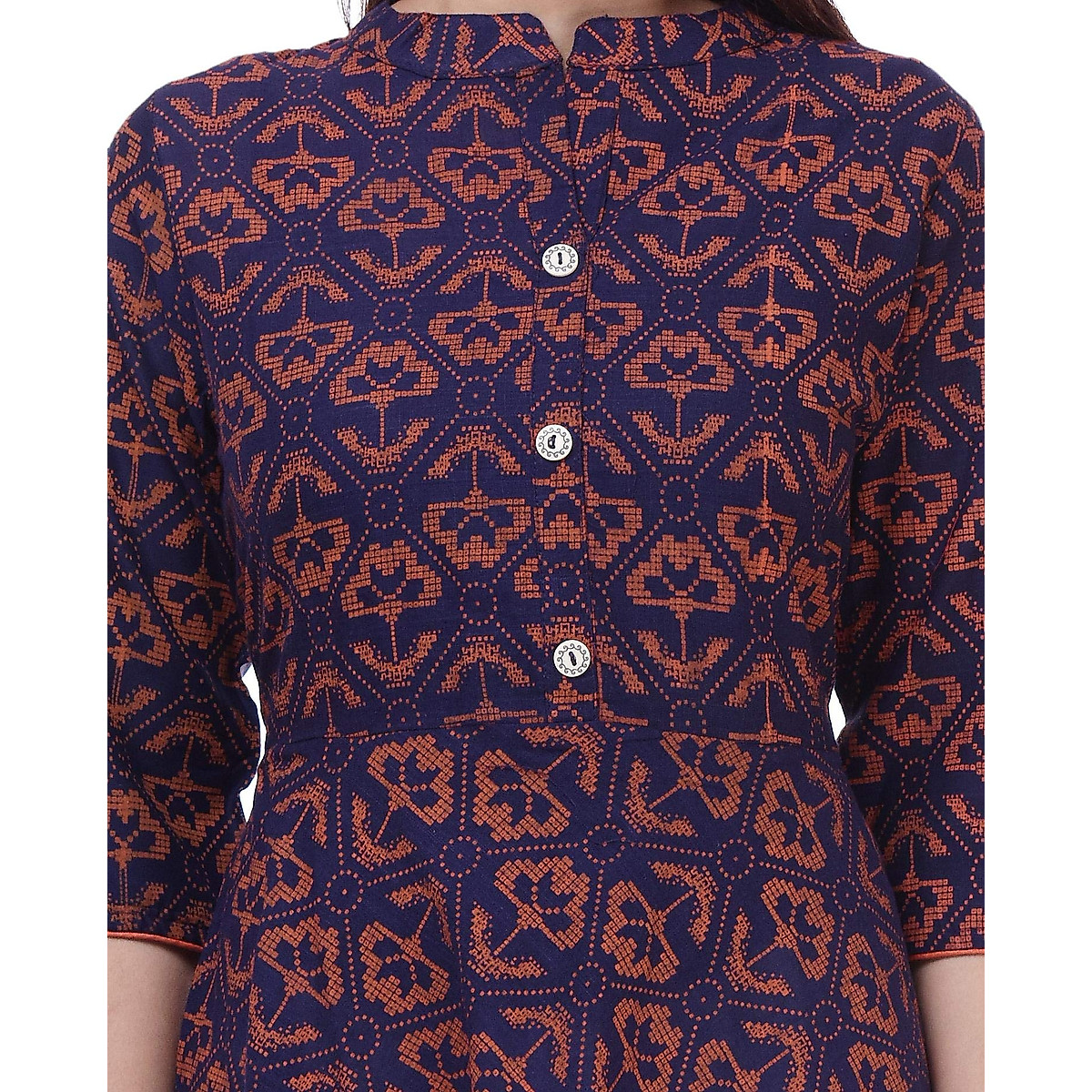 Ramkudi Indian Women's Printed Cotton Kurti Top (Blue-Brown)