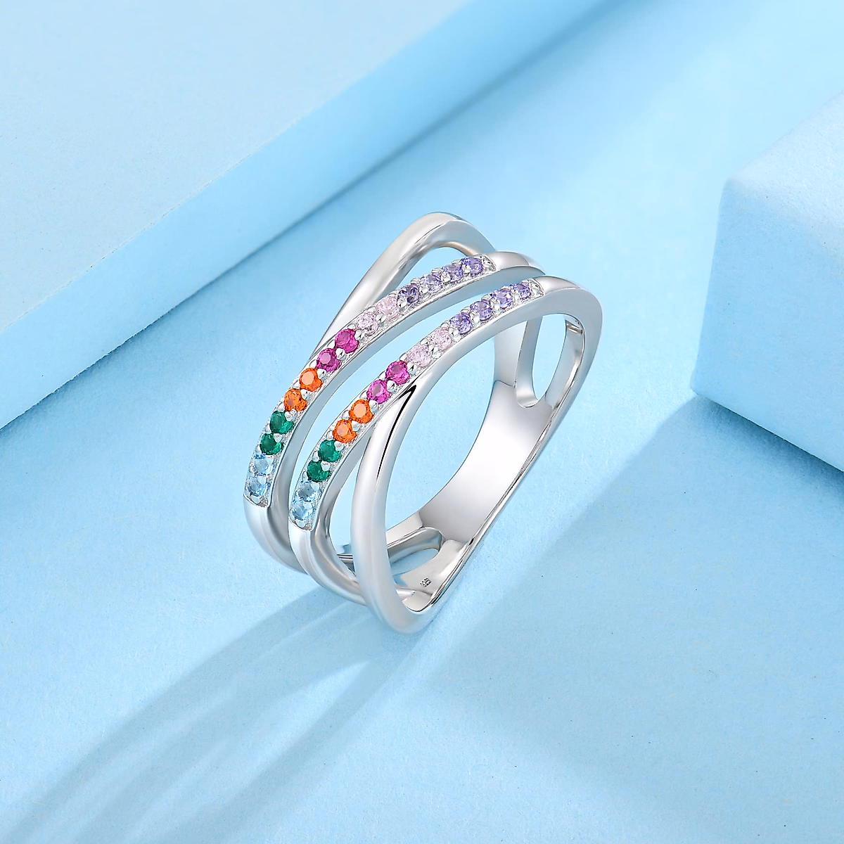 Aprila Women Ring 925 Sterling Silver Mutil Color Rainbow 3A Cubic Zirconia Crisscross Ring with White Gold Plated for Women,Size 6