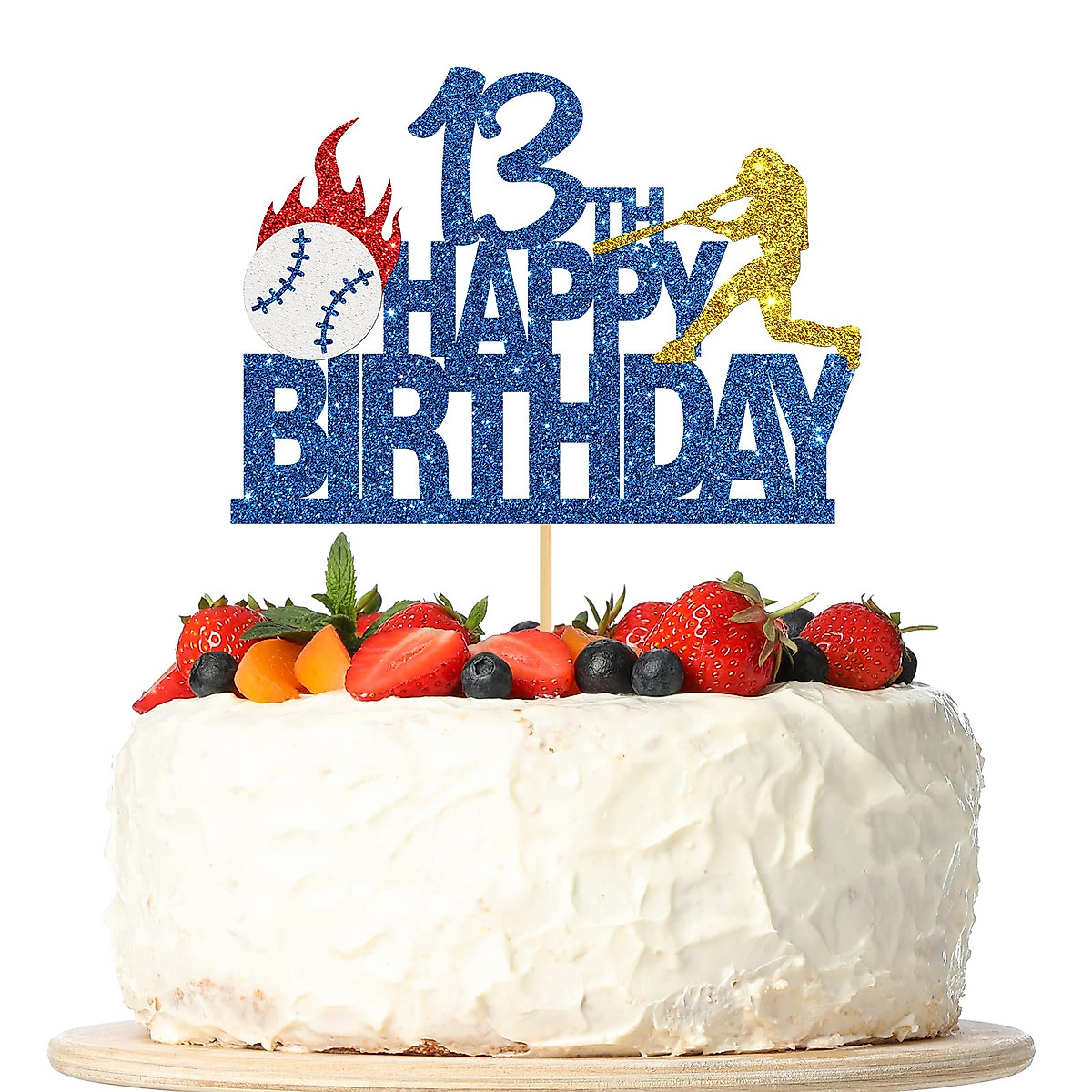 Baseball Themed 13th Birthday Cake Topper, Sport Baseball 13th Birthday Cake Decorations, Teenager Happy Birthday Party Supplies, Glittery Blue