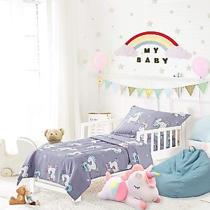 UOZZI BEDDING Unicorn 4 Piece Toddler Bedding Set with Rainbow Stars Blue-Gray - Includes Adorable Quilted Comforter, Fitted Sheet, Top Sheet, and Pillow Case for Girls Boys Bed