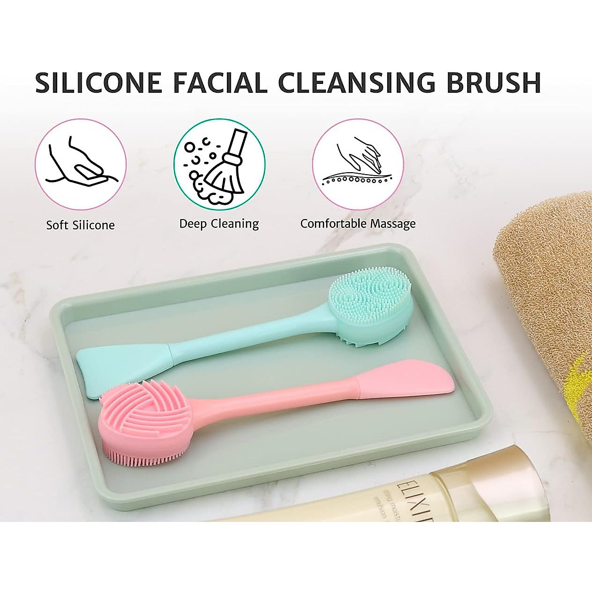 2 Pack Silicone Face Scrubber, 4 in 1 Facial Cleansing Brush, Handheld Face Wash Brush for Pore Cleansing, Gentle Exfoliating, Removing Blackhead, Blue and Pink