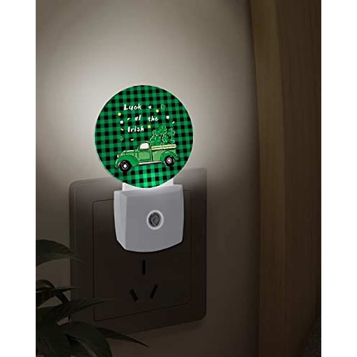 Green Truck Buffalo Plaid Night Lights Plug into Wall, St. Patrick's Day Auto Round LED Lights with Dusk to Dawn Sensor for Bedroom, Bathroom, Hallway, Kitchen, Kids, Home Decor