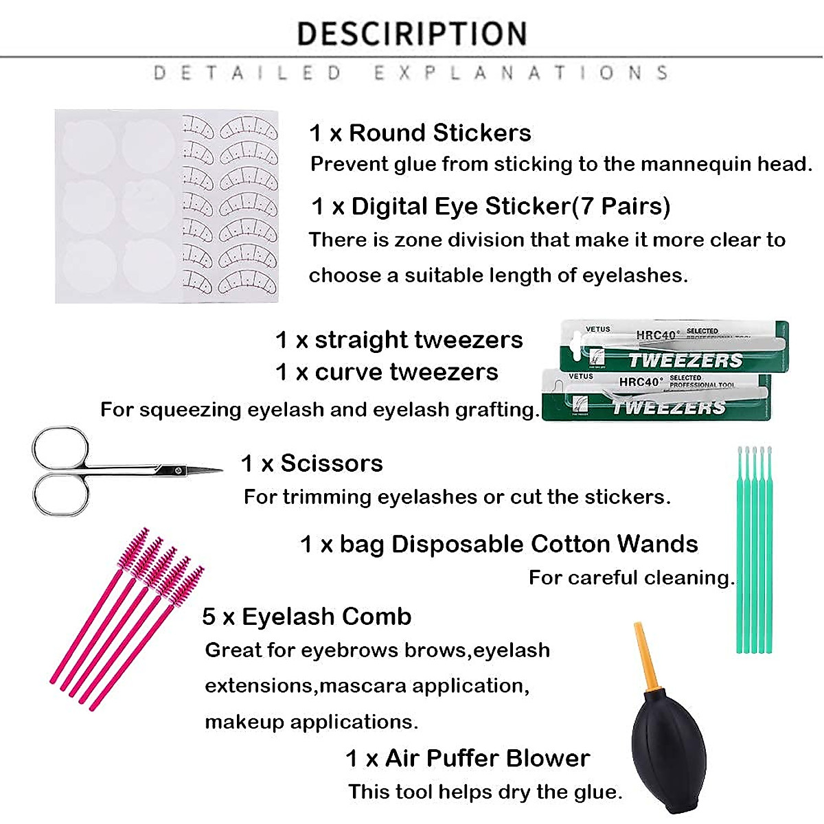 19pcs False Eyelashes Extension Practice Exercise Set, Professional Flat Mannequin Head Lip Makeup Eyelash Grafting Training Tool Kit for Makeup Practice Eye Lashes Graft White-with Glue