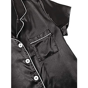 WDIRARA Women's Sleepwear Striped Satin Short Sleeve Shirt and Shorts Pajama Set Dull Black S