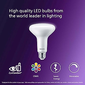 PHILIPS LED Flicker-Free Frosted Dimmable BR30 Light Bulb - EyeComfort Technology - 650 Lumen - Soft White (2200K) - 7.5W=65W - E26 Base - Title 20 Certified - Ultra Definition - Indoor - 4-Pack