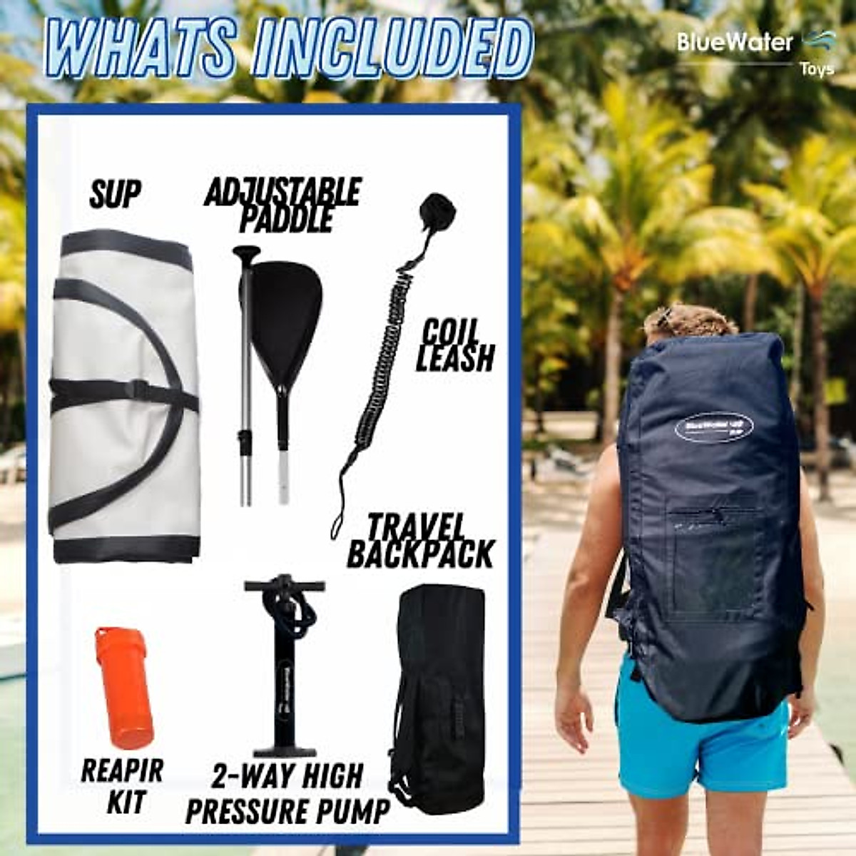 Blue Water Toys Portable Inflatable Stand Up Paddle Board Kit with Pump, Backpack, Coil Leash, and Repair Kit, SUP 350 Pound Limit, 11 Feet by 34 Inches