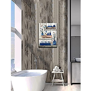 fengyuyi Bathroom Wall Art Canvas Prints Navy Blue Bathroom Sign Picture Stretched and Framed Ready to Hang for Bathroom Decor 12x16inch