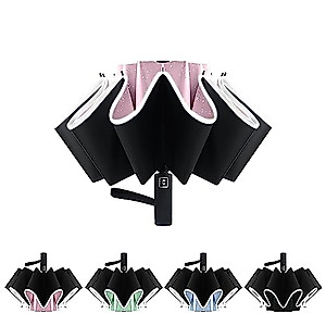 ALFROTEY Automatic Open Large Compact Reverse Umbrella for Rain and UV Protection Inverted Folding Umbrellas with Reflective Safe Stripe Portable for Men and Women (Pink, L)