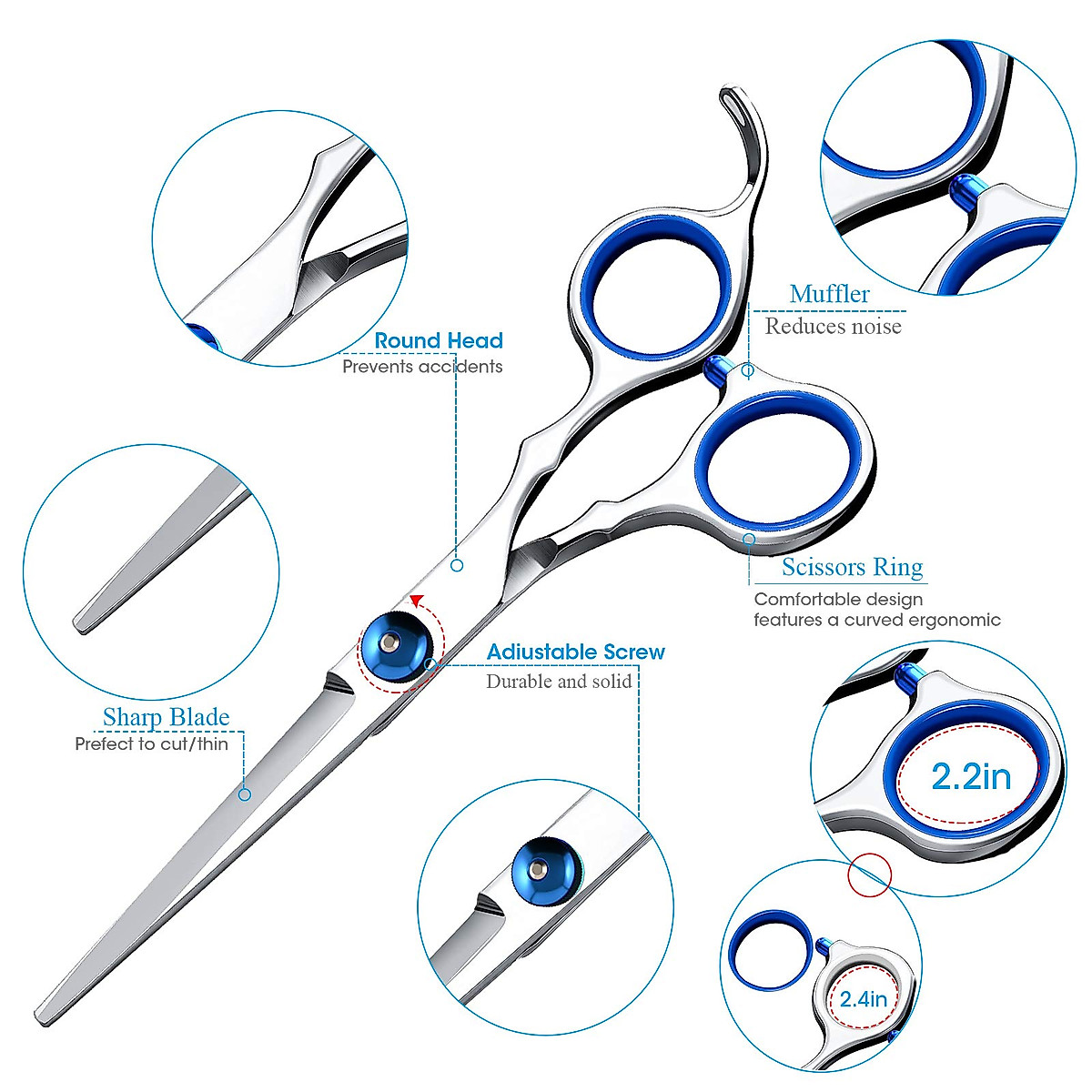 Hair Cutting Scissors Shears Set, ekuci Professional Home Haircutting Scissors Thinning Shears Kit with Free Comb and Storage Bag for Men Women Home Salon Barber Cut Kit (Silver)