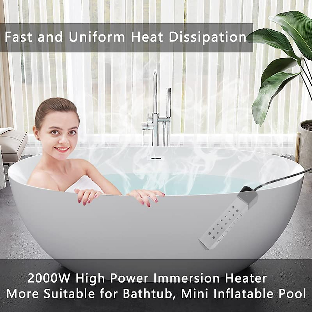 Memoryee Immersion Water Heater 2000W Square Electric Portable Water Heater with Digital LCD Thermometer,Stainless Steel Guard Submersible Heater for Bucket/Tub/Mini Pool/Basin