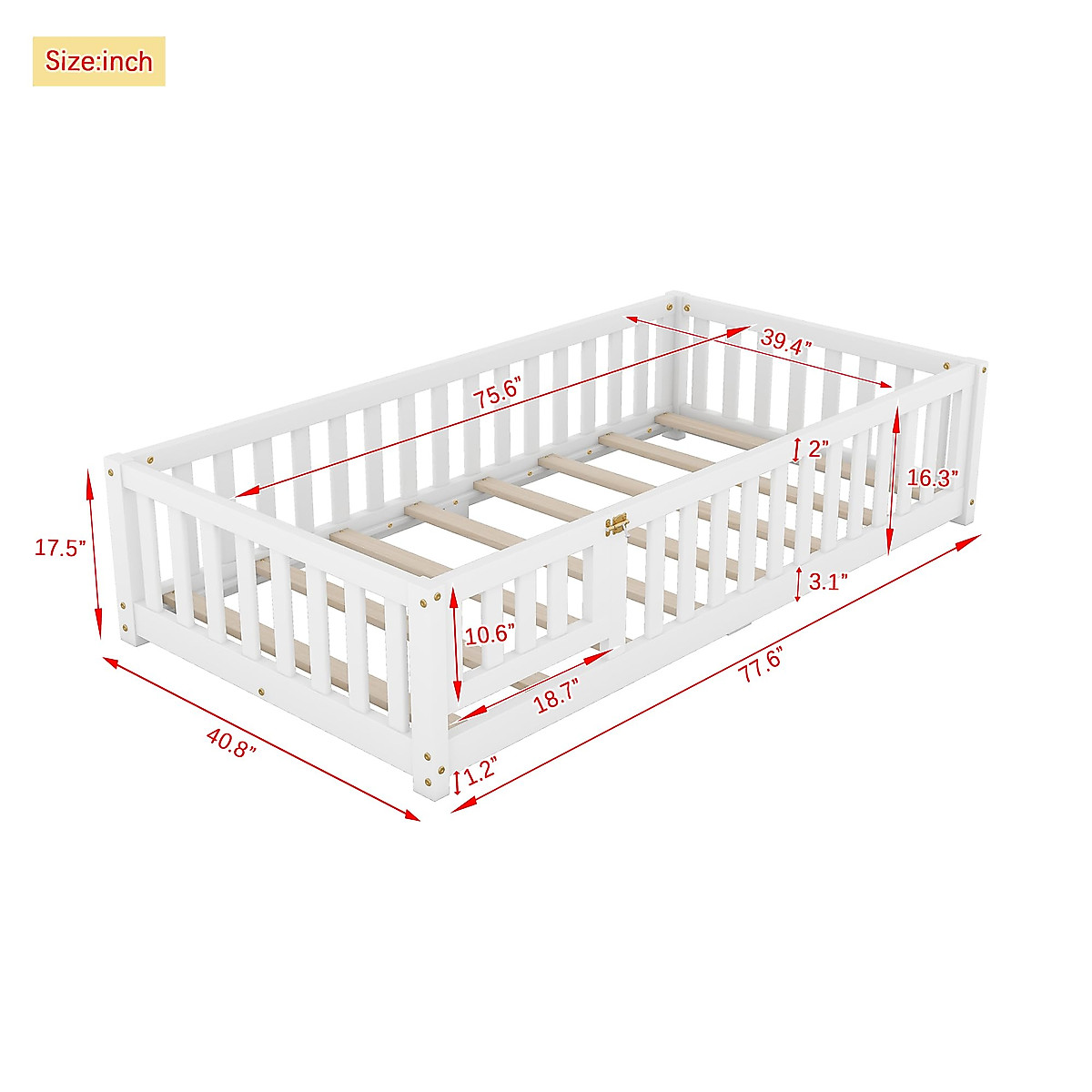 Bellemave Twin Size Floor Bed for Kids, Wood Montessori Bed with Slats, Safety Fence & Door, Playhouse Floor Bed Frame with Rails for Girls Boys Children Teens, White