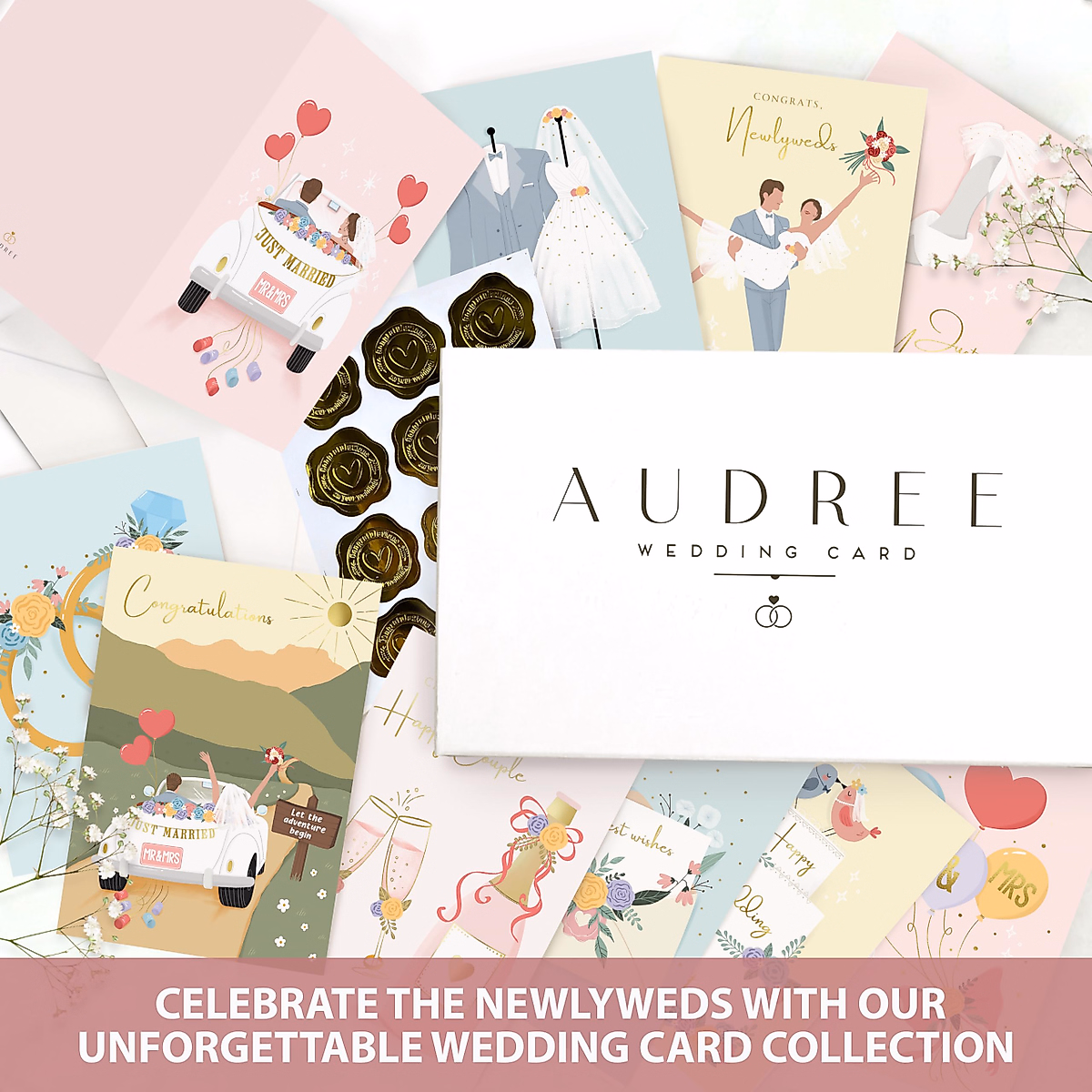 AUDREE 10 Modern Gold Foil Wedding Cards for Bride And Groom with Envelopes (5”x7”), Assorted Greeting Cards For Bridal Shower, Engagement, Newlywed, Wedding Congratulations, Wedding Cards Bulk