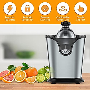Ainclte Electric Citrus Juicer Squeezer Stainless Steel 150 Watts of Power for Orange Lemon Lime Grapefruit Juice with Soft Rubber Grip, Filter and Anti-drip Spout Lock - Black, Black/Stainless Steel