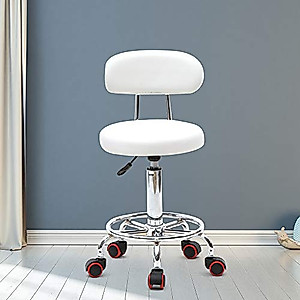 SSLine Rolling Salon Stool White Leather Adjustable Tattoo Stools on Wheels Hydraulic Swivel Office Drafting Chair with Back Modern Comfortable Dental Chairs Kitchen Bar Chairs