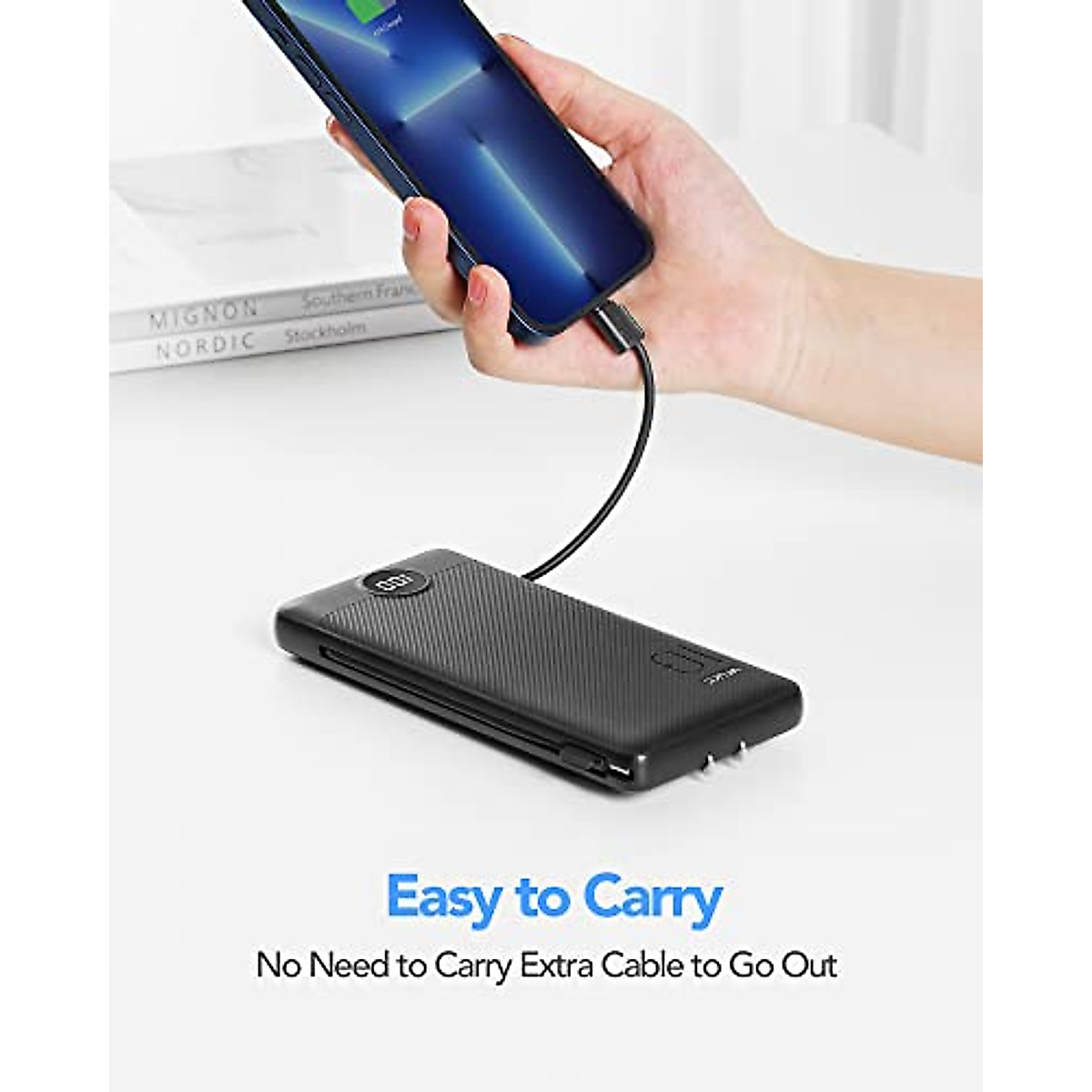 Portable Charger with Built-In Cables and AC Wall Plug,VRURC 10000mAh Phone Charger,5 Output & 2 Input LED Display External Battery Pack,Ultra Slim USB C Power Bank Compatible with Smart Devices-Black