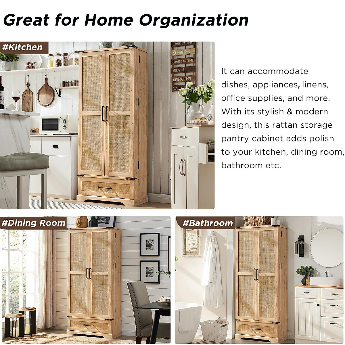 ACCOHOHO 72" Tall Rattan Kitchen Pantry Cabinet with Drawer, Boho Storage Cabinet with 2 Rattan Doors and Shelves, Versatile Large Cabinet for Dining Room, Bathroom, Living Room, Laudry, Natural Oak