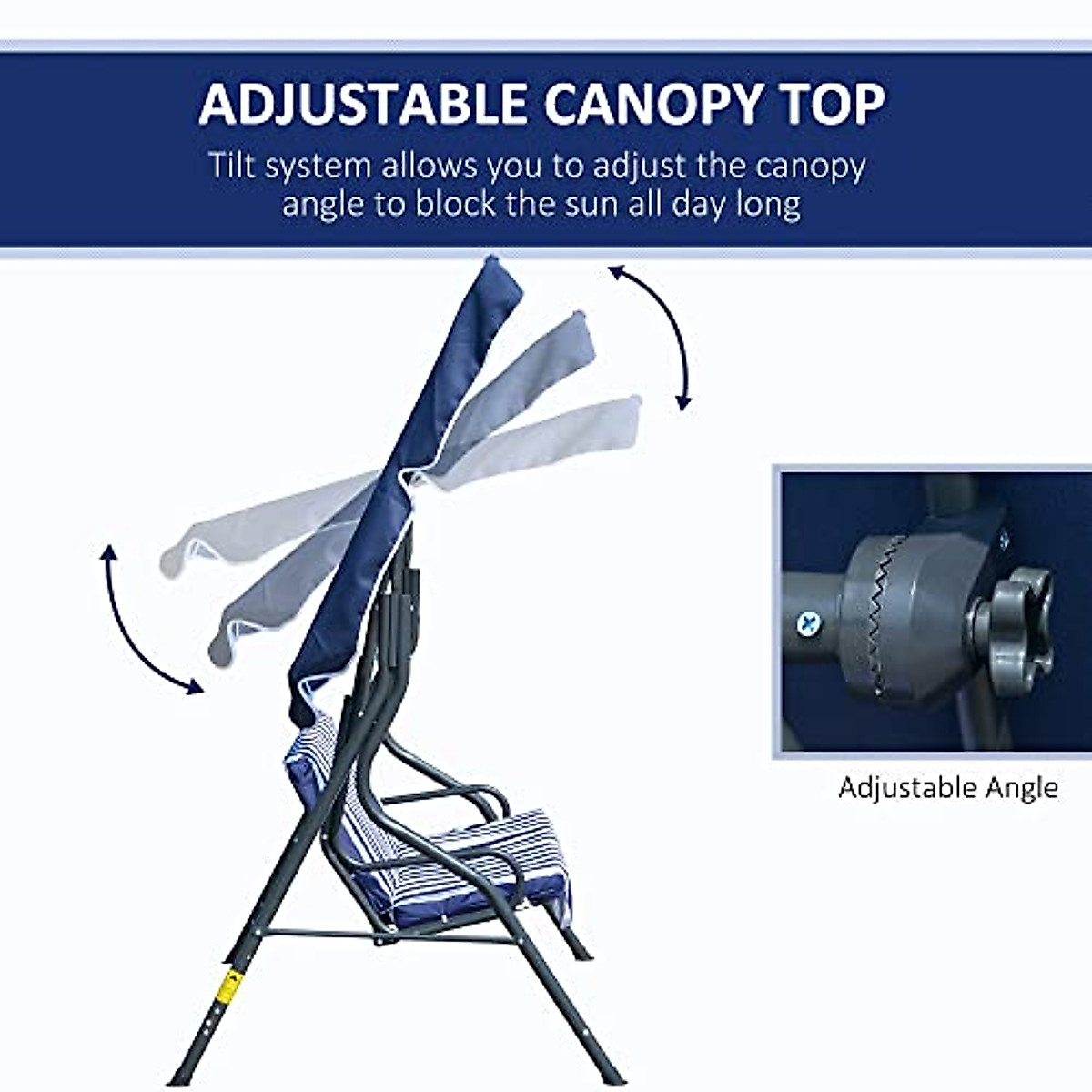 Outsunny 3-Person Porch Swing with Canopy, Patio Swing Chair, Outdoor Canopy Swing Bench with Adjustable Shade, Cushion and Steel Frame, Dark Blue