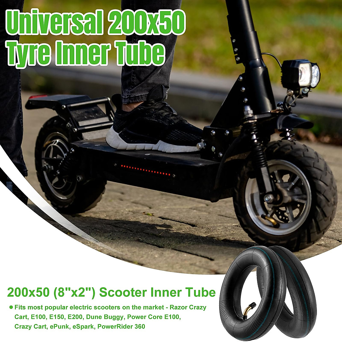 200x50" Replacement Tire Inner Tubes, 2 Pack Heavy Duty Electric Scooter Tire Inner Tube Compatible with Razor E100, E150, E200, Power Core E100, Dune Buggy, ePunk, Crazy Cart, PowerRider 360, eSpark