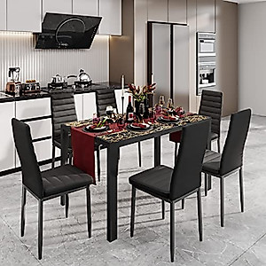 Gizoon Glass Dining Table Sets for 6, 7 Piece Kitchen Table and Chairs Set for 6 Person, PU Leather Modern Dining Room Sets for Home, Kitchen, Living Room Marble