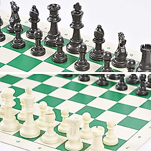ZOOCEN Chess Set - Plastic Chess Pieces and Green Roll-Up Vinyl Chess Board Foldable Chess Game (with Extra Queen)