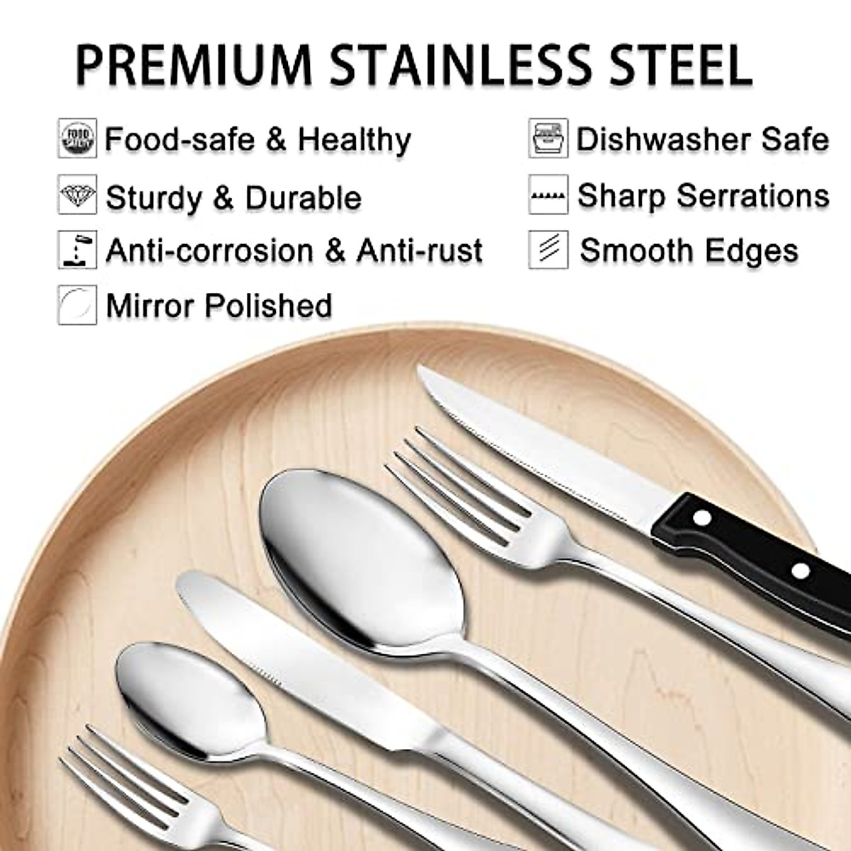 49-Piece Silverware Set with Flatware Drawer Organizer, Durable Stainless Steel Cutlery Set for 8, Mirror Polished Kitchen Utensils Tableware Service with Steak Knives Dinner Fork Knife Spoon & Tray