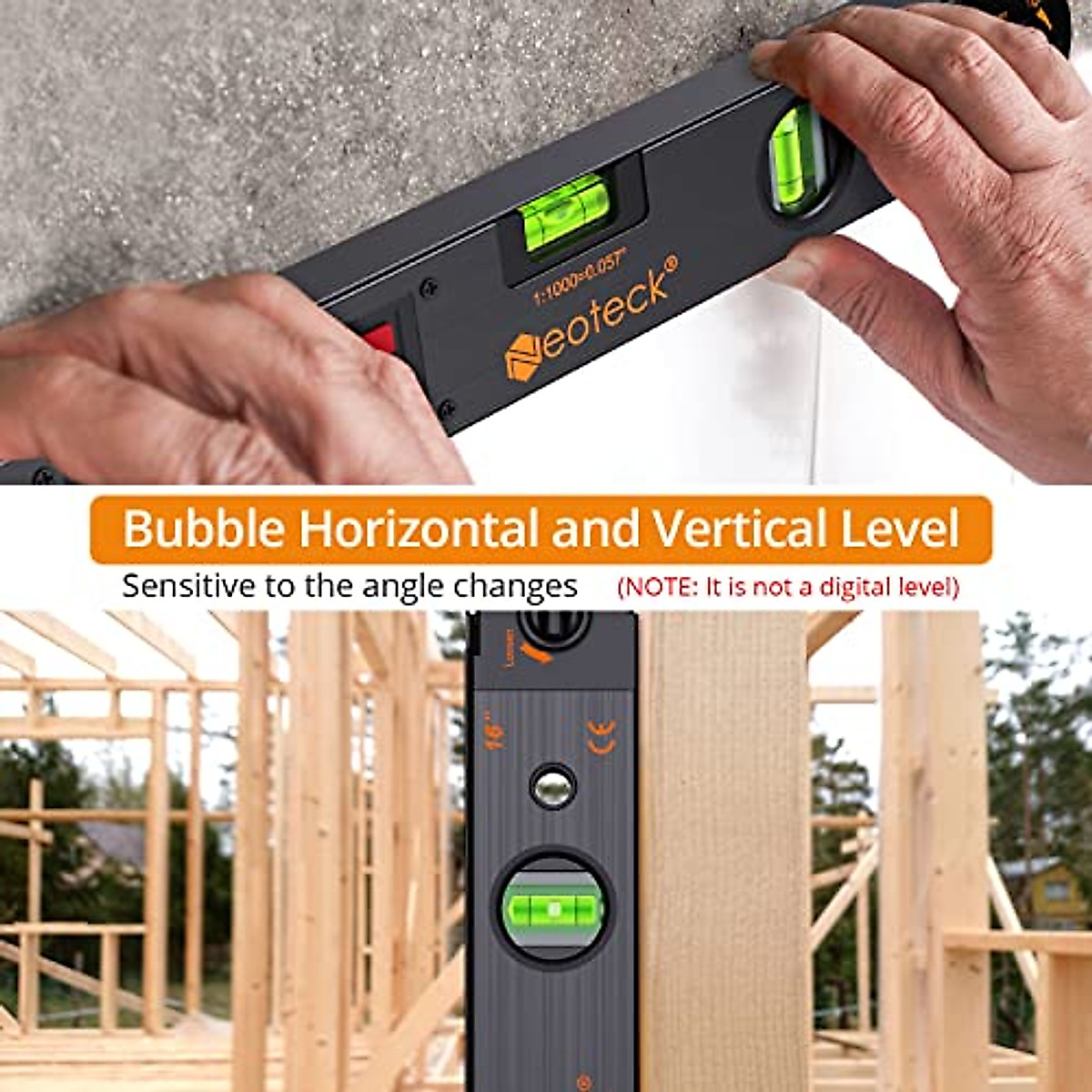 Neoteck Aluminum Digital Angle Finder Protractor 225° 16 inch Backlit LCD Digital with Horizontal and Vertical Bubble - Black