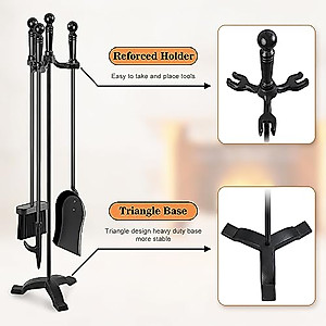 Gtongoko Fireplace Tools Set 4 Pcs 30 Inch Black Wrought Iron Large Fire Tool Set for Outdoor/Indoor Include Chimney Poker, Antique Shovel, Rustic Brush and Stand Accessories Set