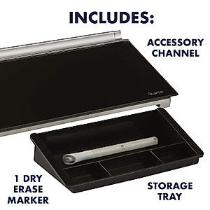 Quartet Glass Dry Erase White Board, Desktop Computer Pad for Notetaking, 18" x 6" Whiteboard, Clean Erase Surface with Storage, 1 Dry Erase Marker, Black Surface (GDP18B)