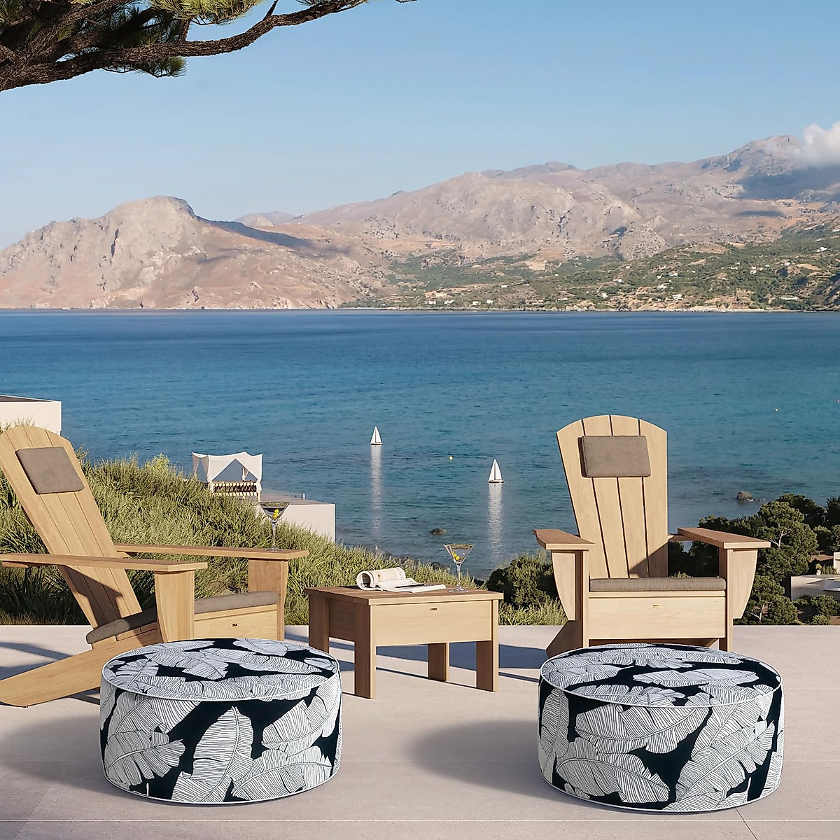 DYTXIII Inflatable Ottoman Stool D21 xH9 for Outdoor/Indoor Use, Water Repellent Patio Foot Rest Stool with Portable Handle,Round Pouf Ottoman Suitable for Garden,Deck and Camping - Stripe Grey