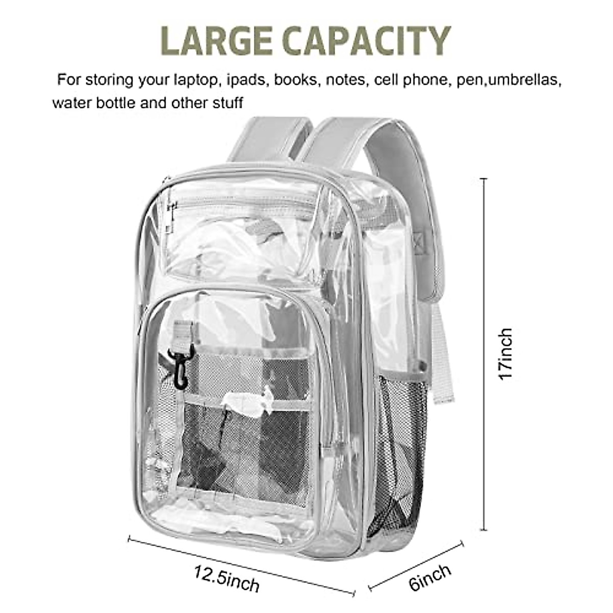 ANSUN Clear Backpack, Large Heavy Duty PVC Transparent Backpack for Kids and Adults, See Through With Reinforced Straps Clear Bookbag for School, Sports, Work, Travel, College, grey