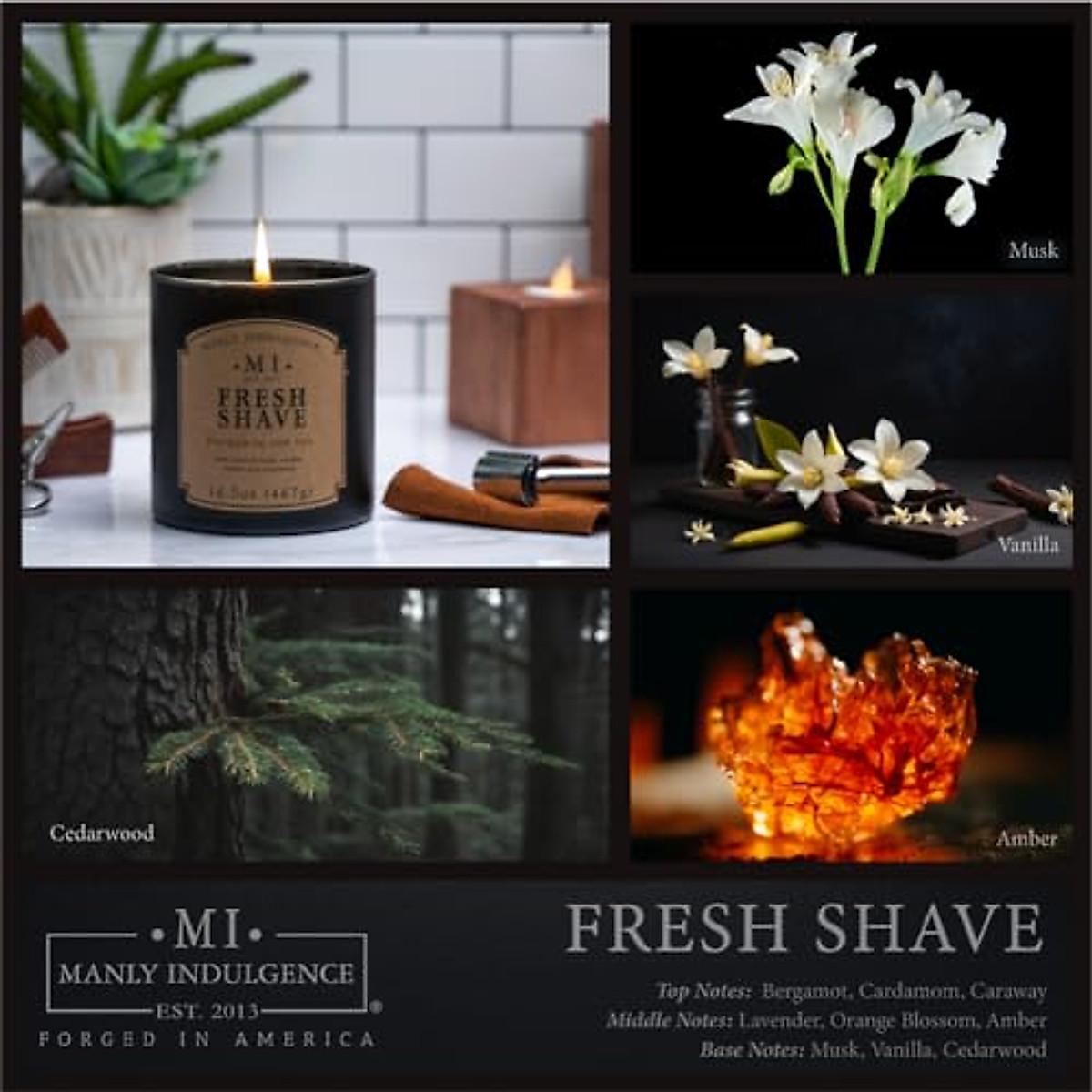 Manly Indulgence Fresh Shave Jar Candle 16.5 oz - Musk, Vanilla & Bergamot - Woodsy Amber & Cedarwood - Up to 60 Hour Burn - Soy Blend Wax, USA Poured