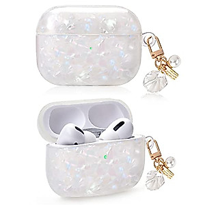 Cute AirPods Pro Case with Shell Pearl Keychain Bling Marble Design Hard TPU Cover Comparable with AirPod Pro Case for Girls and Womens