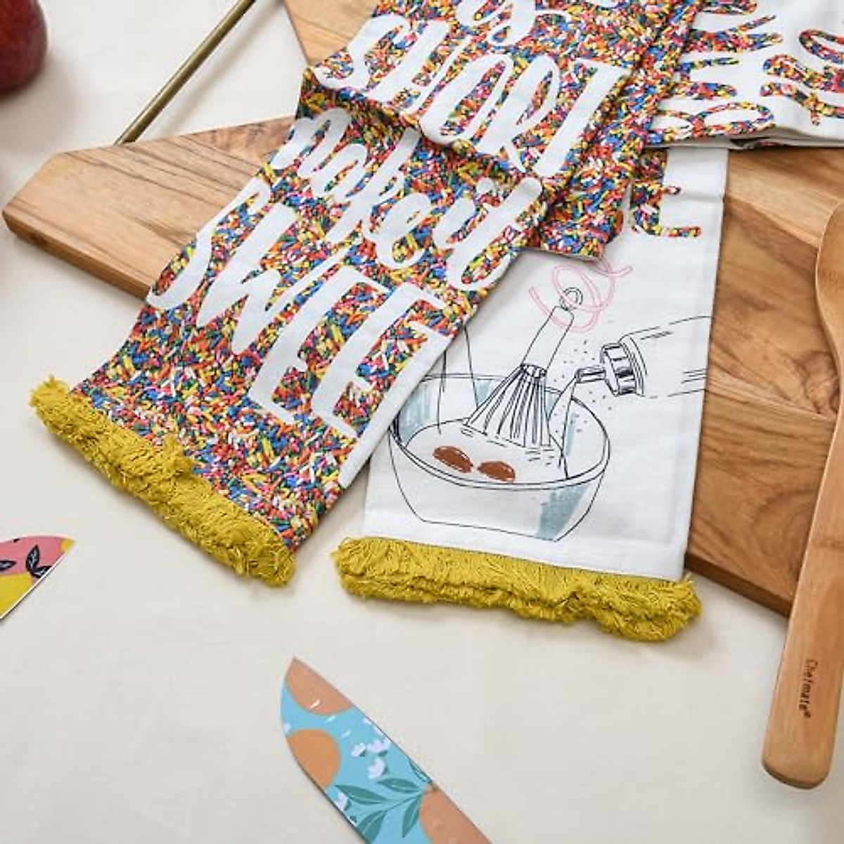 TARAN LIVING Printed Kitchen Dish Bar and Tea Towels Cotton, 18x28 inch with Trims, Cotton Dish Towel Sets (Yellow & White, Set of 2)