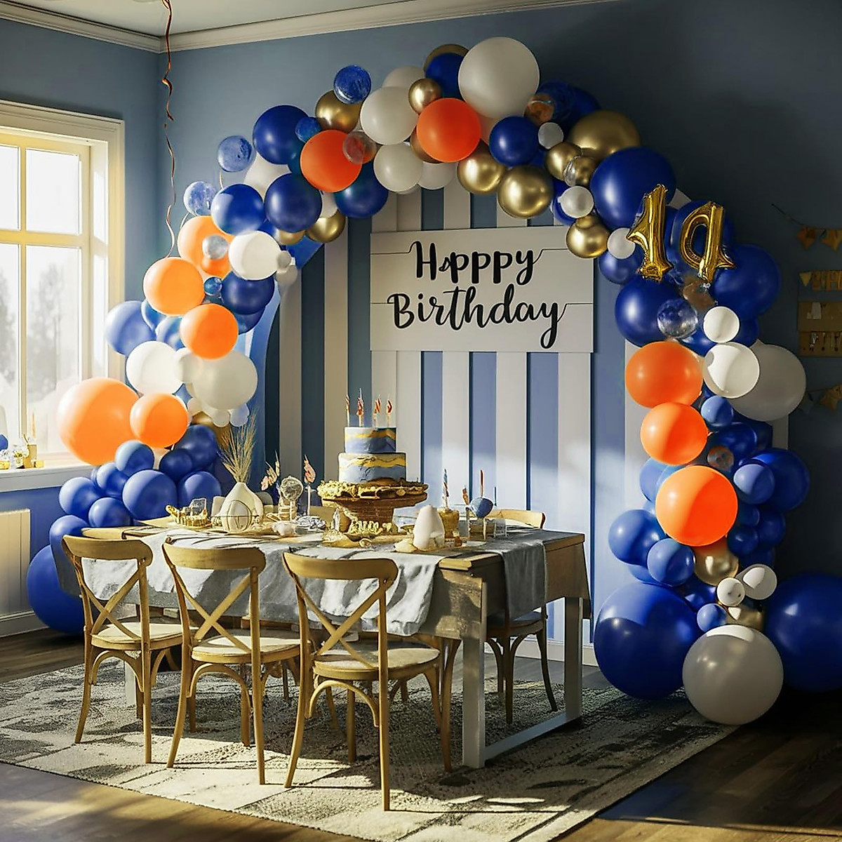 Orange and Blue Balloon Arch Kit, 120 Pcs Navy Royal Dark Blue Gold Orange Balloons Garland Kit with 4D Star Chrome Latex Balloons for Graduation Class of 2024 Thanksgiving Party Decorations