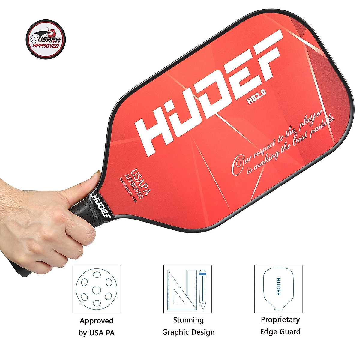 HUDEF HB 2.0 Blue+Red Pickleball Paddles, Lightweight Graphite Carbon Fiber Face Racquet Rackets Elongated Racket,Honeycomb Core,Cushion Comfort Grip USAPA Approved