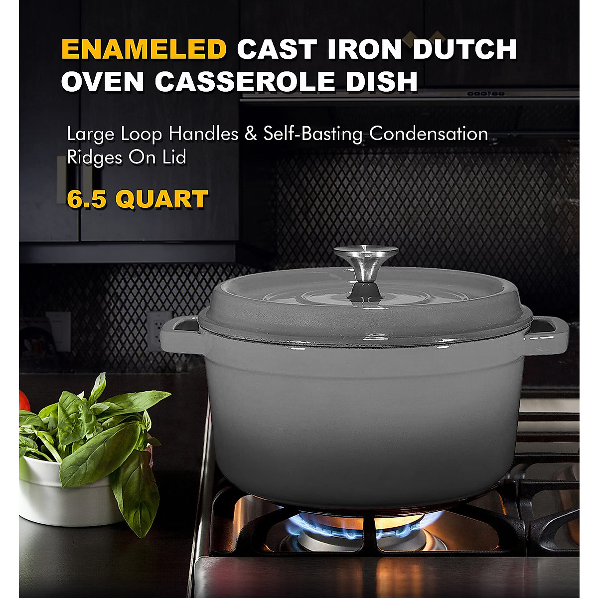 Bruntmor Pre-Seasoned 6.5 qt Enameled Cast Iron Round Dutch Ovens, 6.5 Quart Enameled Cast Iron Dutch Oven Pot With Lid And Handle, Heavy Duty Casserole Dish, Hand Wash Only, Pumpkin Spice