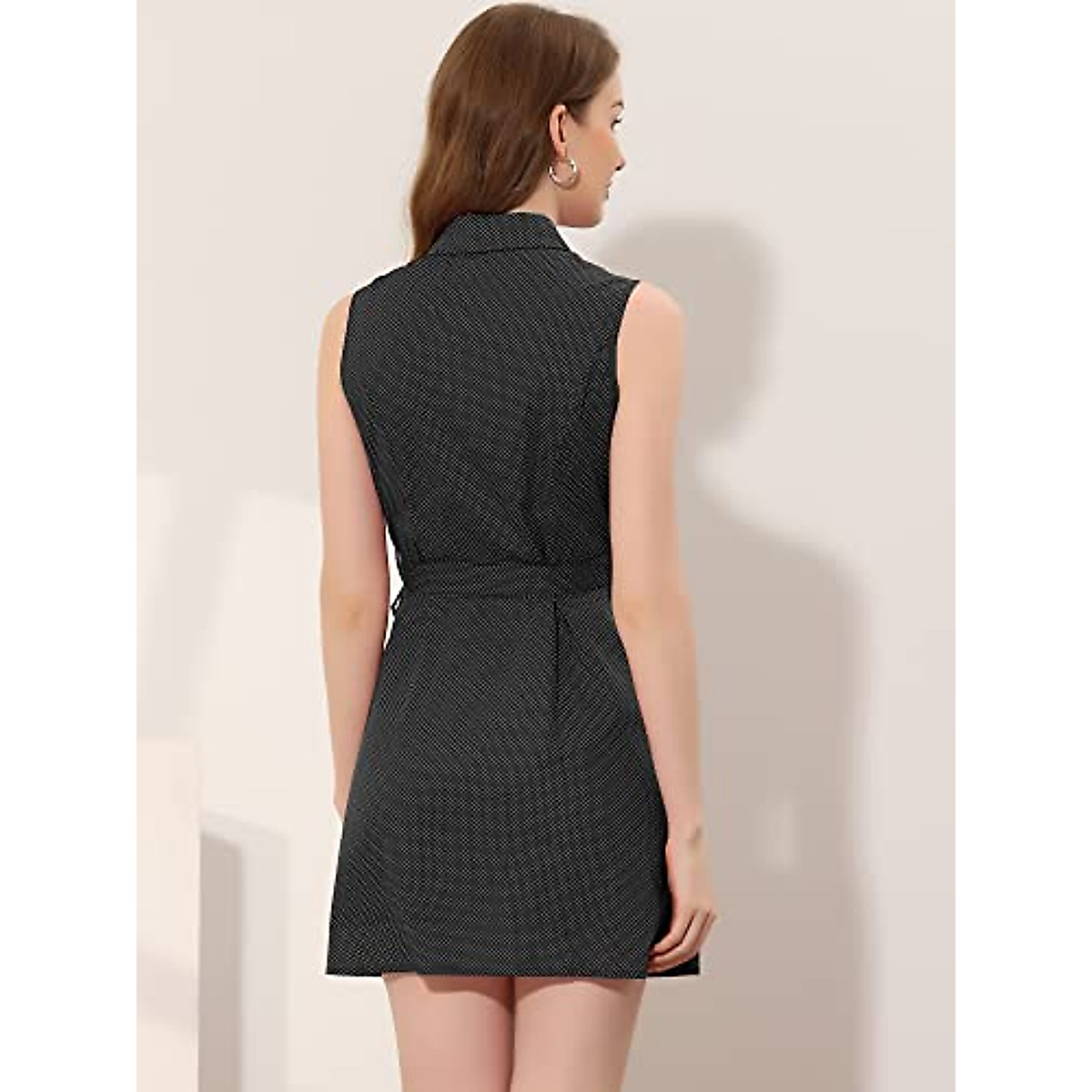 Allegra K Polka Dots Sleeveless Dress for Women's Belted Shirtdress Vintage Button Down Dress Small Black