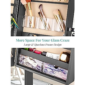 LUXFURNI LED Light Jewelry Cabinet Standing Full Screen Mirror Makeup Lockable Armoire, Large Cosmetic Storage Organizer w/Brush Holder (Black)