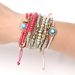 WuCuifu Stackable Bracelets for Women - 8 Packs Bohemian Stretch Bracelets Multi-color Jewelry for Women Evil Eyes Bracelets, Pink