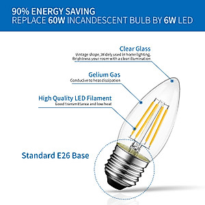 ANWIO B11 Filament Bulb E26 Base Non-Dimmable 6W(60W Equivalent) 2700K Warm White Chandelier Decorative Candle Light Bulb 6 Pack